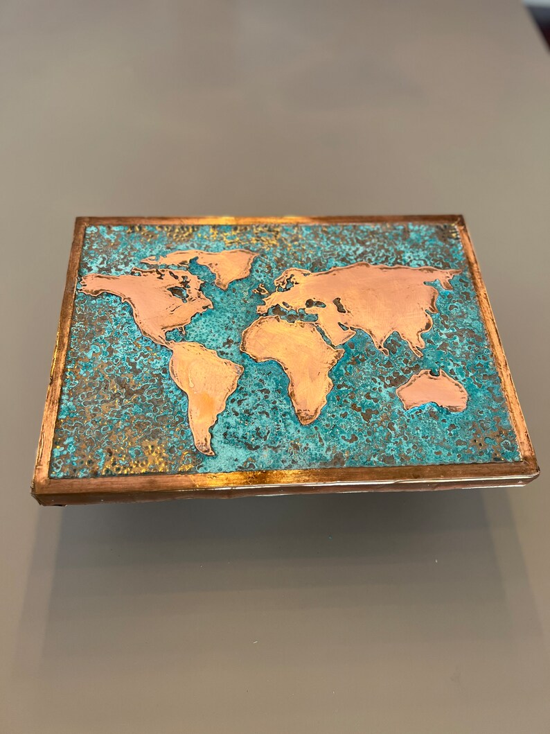 Rustic Copper Wall Art | Metal World Map L Copper Patina Decor L World ...