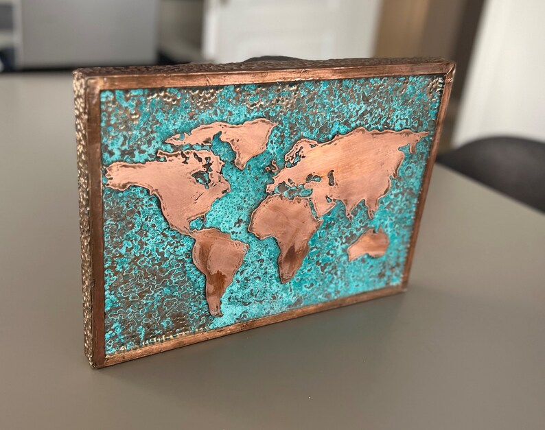 Rustic Copper Wall Art Metal World Map L Copper Patina Decor L World ...