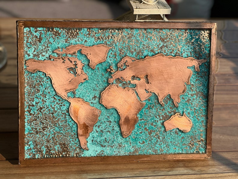 Rustic Copper Wall Art Metal World Map L Copper Patina Decor L World ...