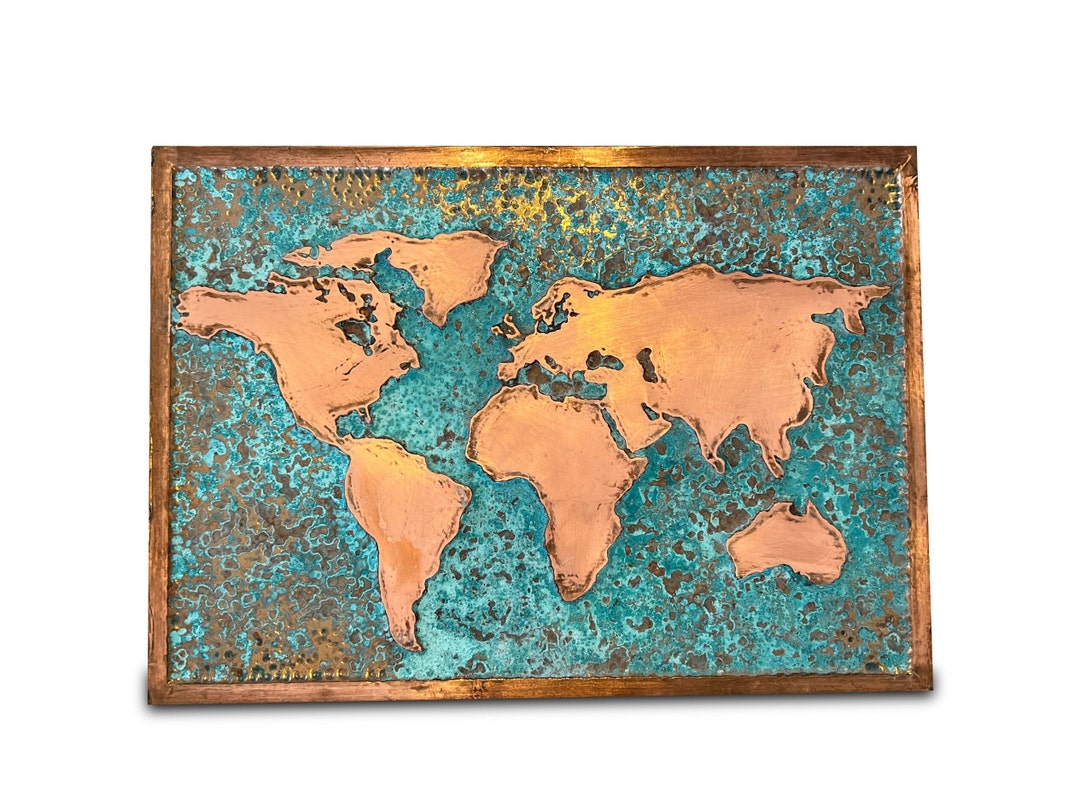 Rustic Copper Wall Art | Metal World Map L Copper Patina Decor L World ...