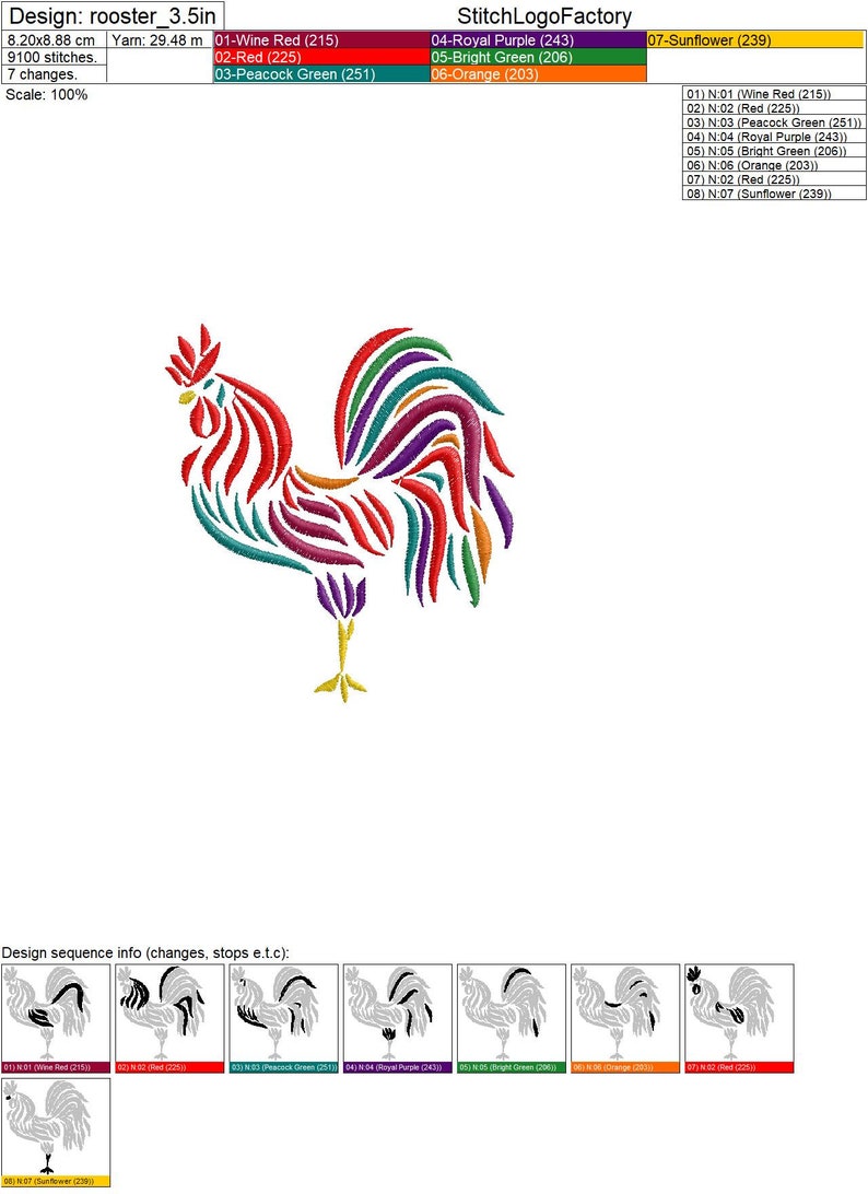 Colorful Rooster, 3 Sizes Machine Embroidery Designs Instant Download ...