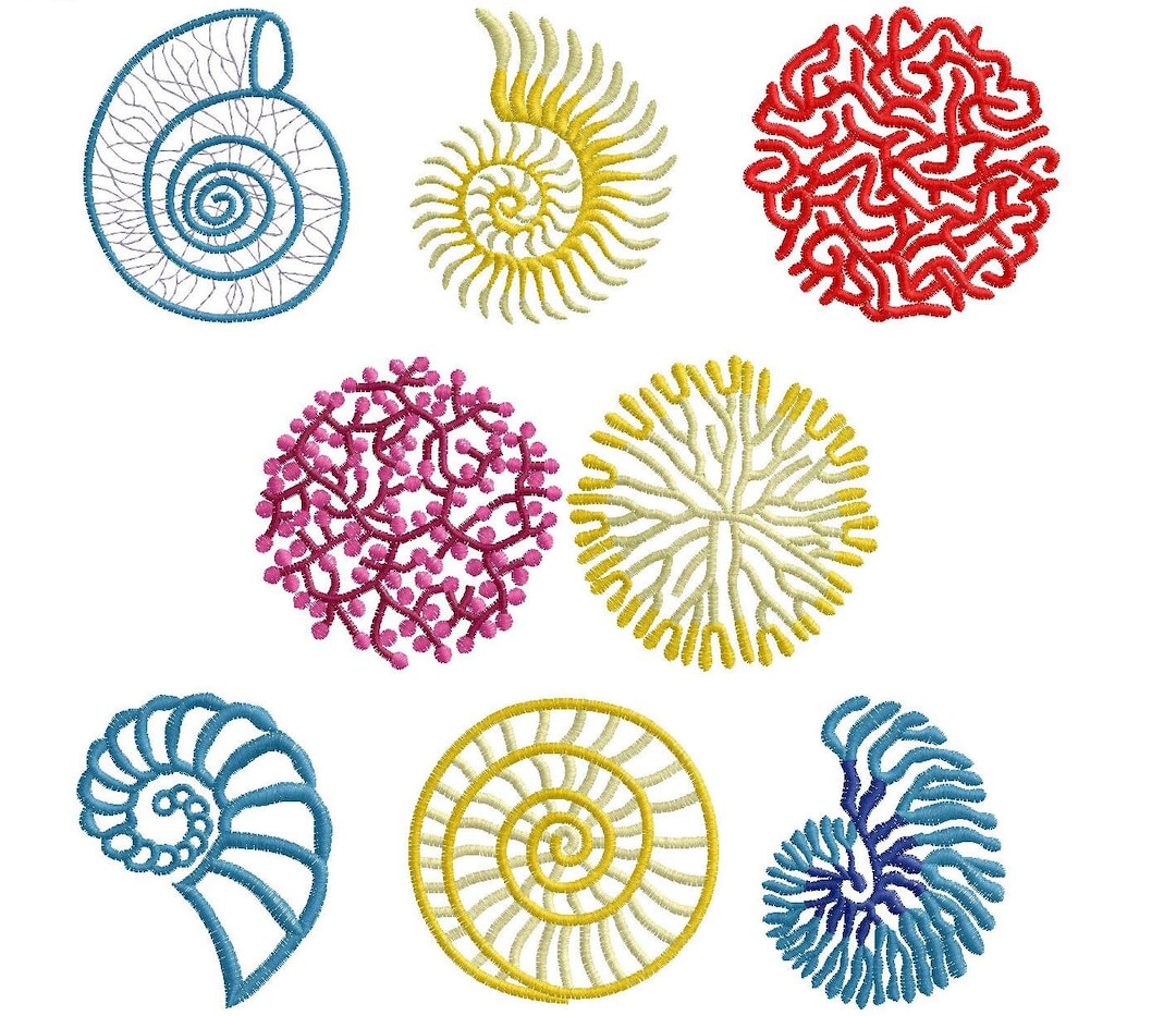 Set of 8 Ocean Coral Shells Designs, 3 Sizes Each, Machine Embroidery ...