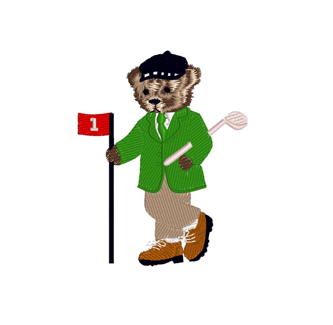 Teddy Bear Golf Player With Club and Flag, 3 Sizes, Machine Embroidery ...