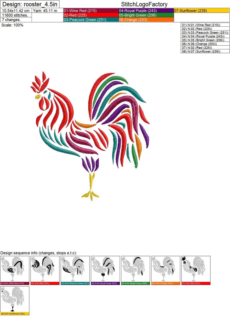 Colorful Rooster, 3 Sizes Machine Embroidery Designs Instant Download ...