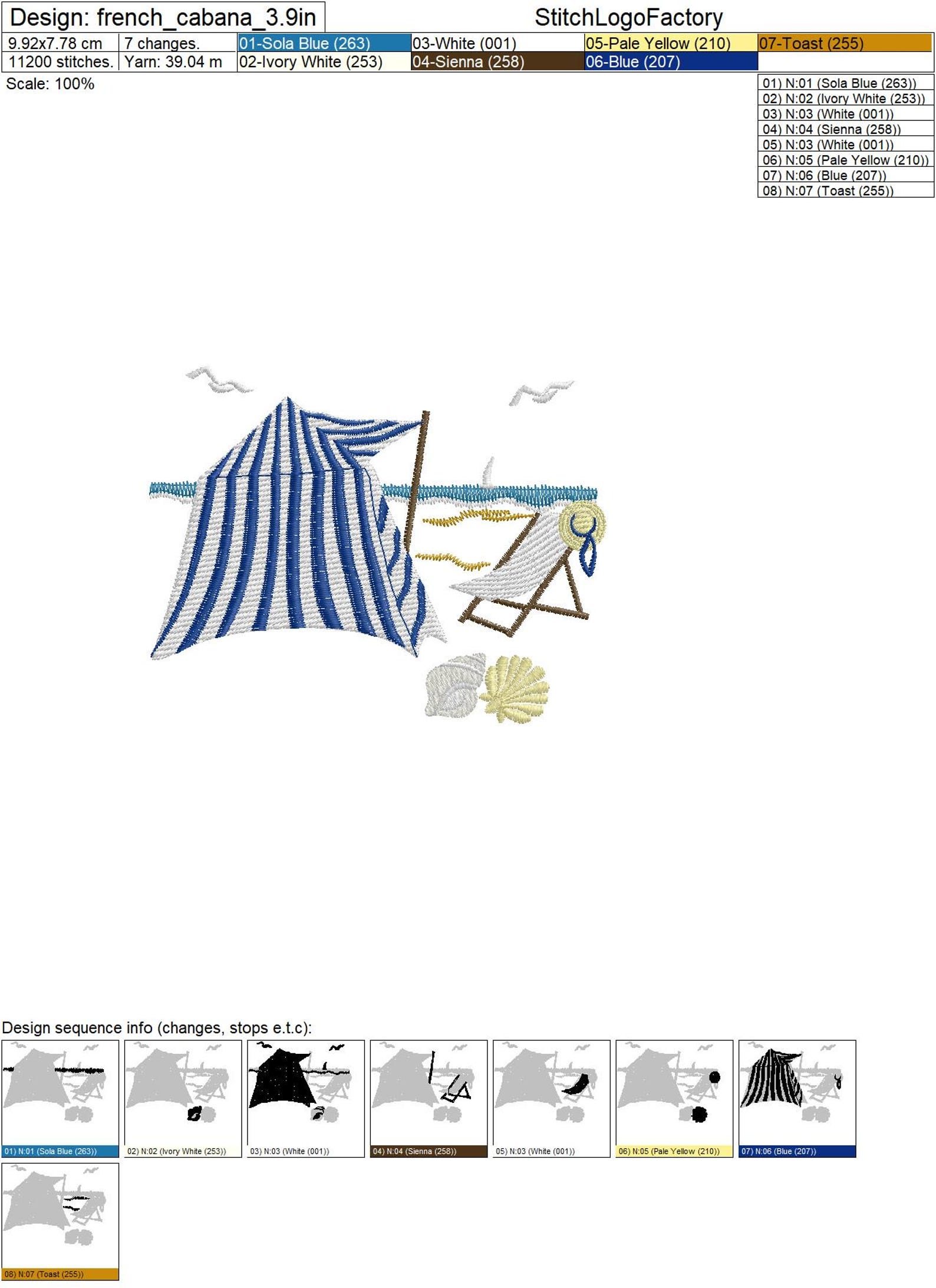 French Cabana Beach Scene, Beach Hut, Shell, Seaside, 5 Sizes, Machine ...