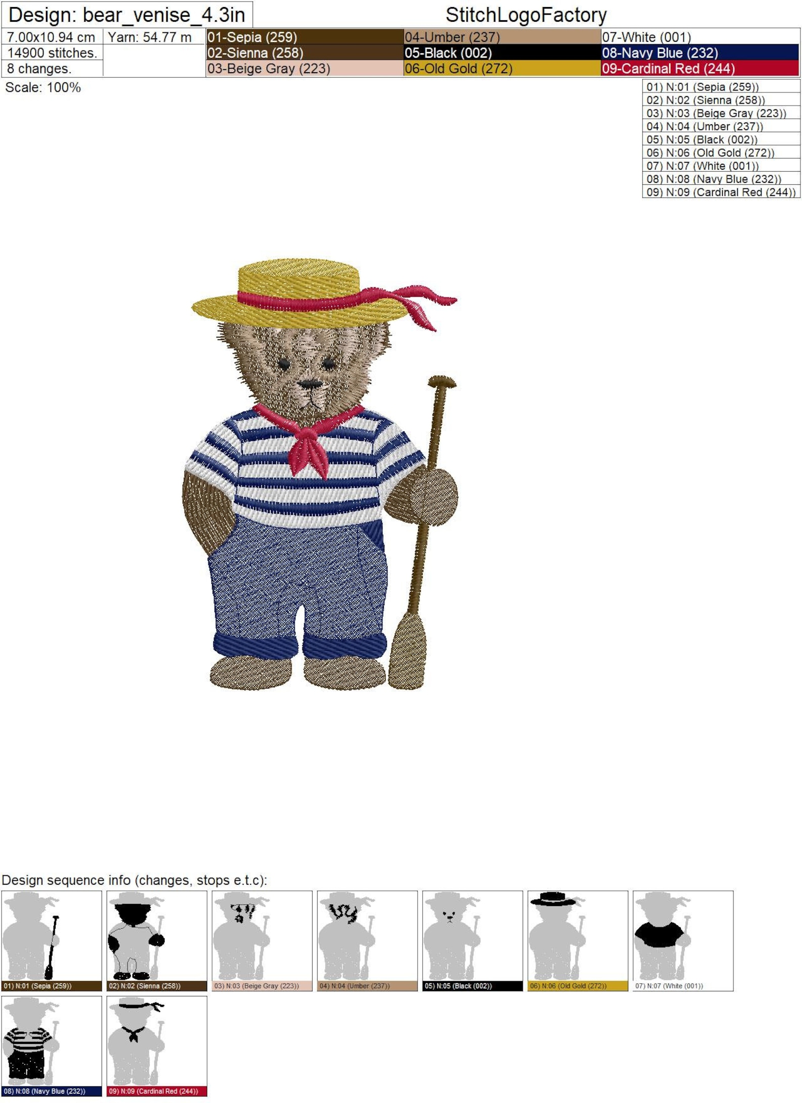 Teddy Bear Venetian, Gondolier, Italy, 3 Sizes, Machine Embroidery ...