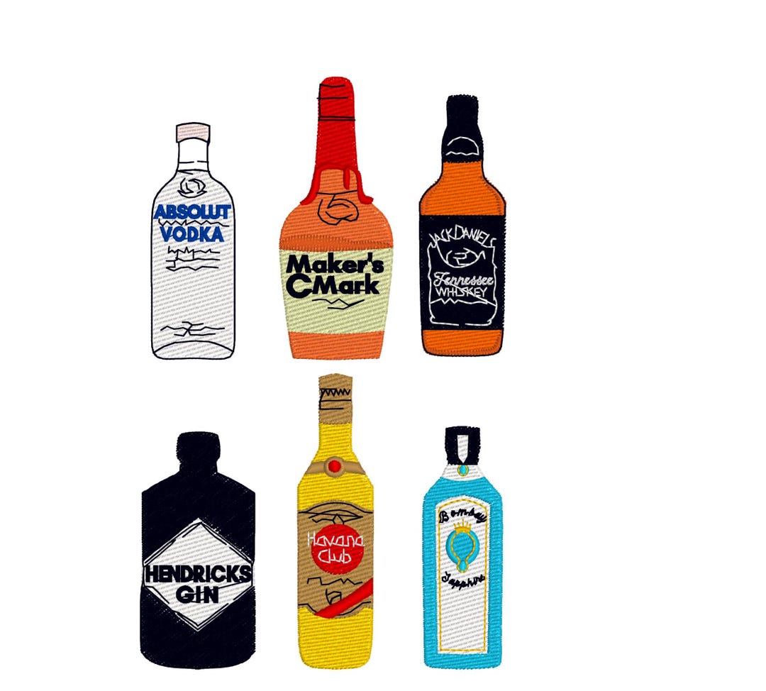 Set of 6 Liquor Bottles, Vodka, Gin, Whiskey & Rum, 3 Sizes Each ...