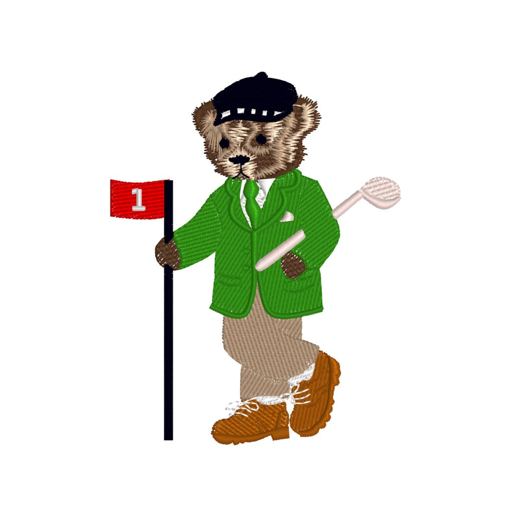 Teddy Bear Golf Player With Club and Flag, 3 Sizes, Machine Embroidery ...