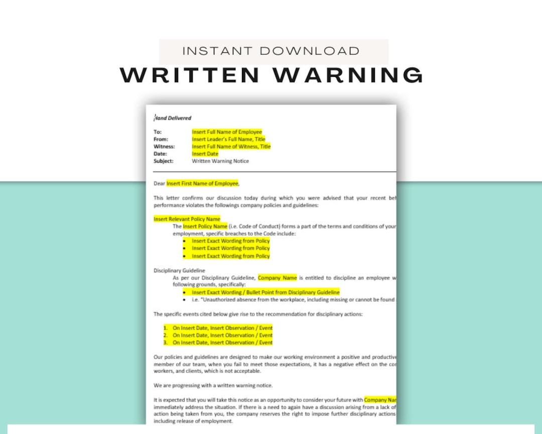 Written Warning Template | Human Resources Template | Editable in MS ...
