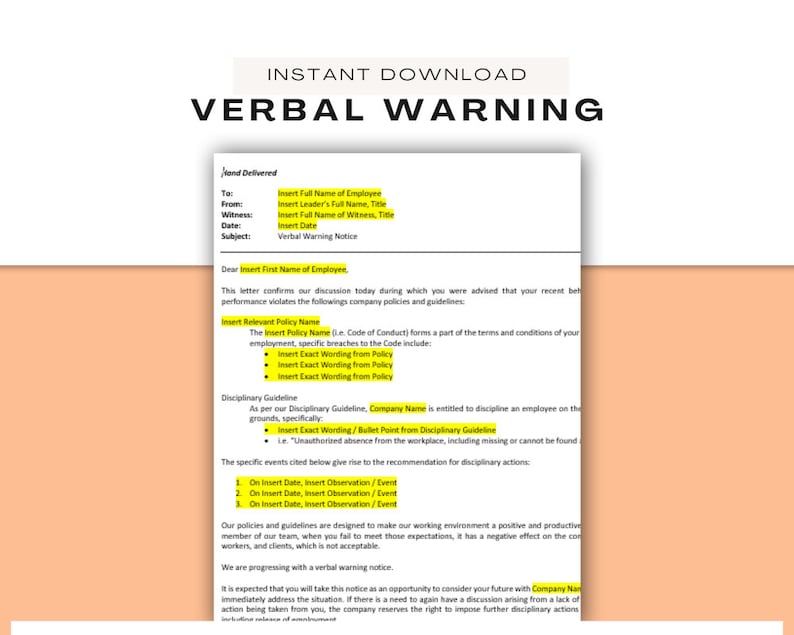 Verbal Warning Template | Human Resources Template | Editable in MS ...