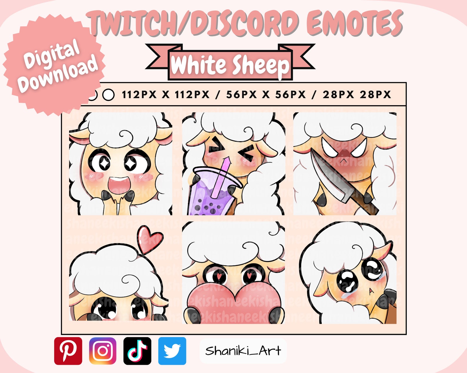Cute Kawaii Chibi Funny White Sheep Emotes Set for Twitch, Discord ...