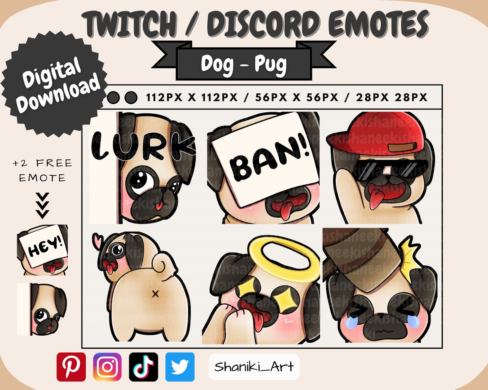 Cute Kawaii Chibi Dog Pug Emotes Set Pack for Twitch, Discord, Youtube ...