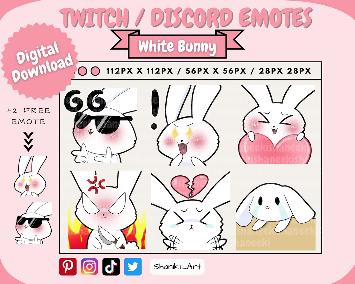 Cute Kawaii Chibi Funny White Fluffy Bunny Emotes Set for Twitch ...
