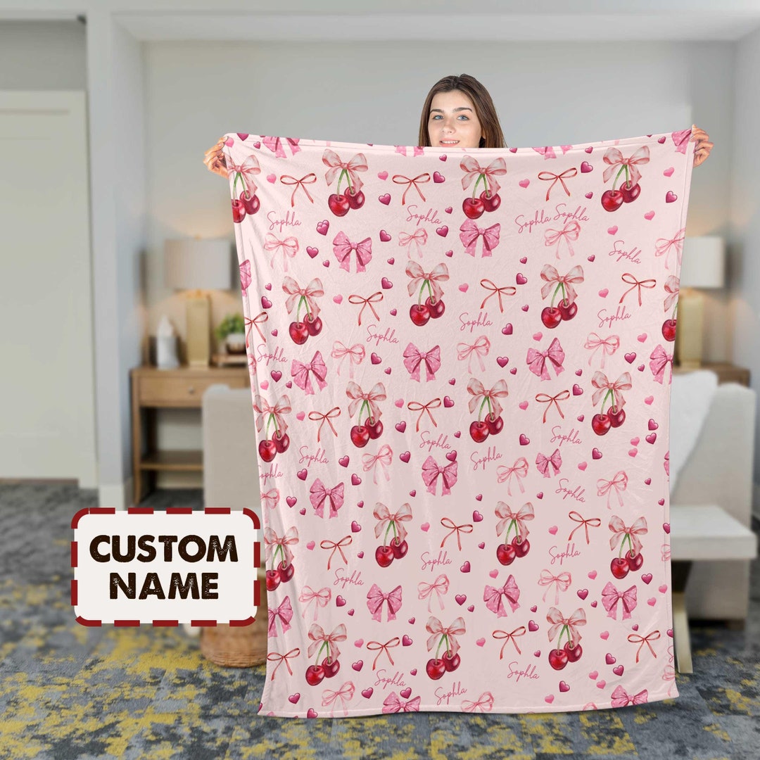 Personalized Cherry Love Blanket, Customized Pink Theme Blanket, Cute ...
