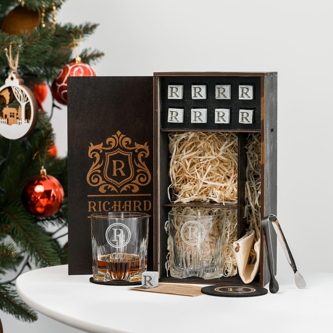 Engraved Whiskey Glass Set: Personalized Barware With Wooden Box ...