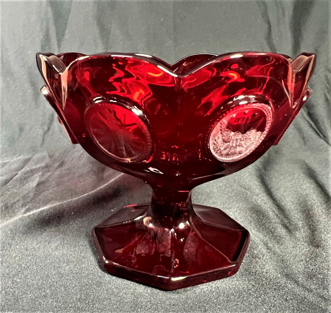 Vintage Fostoria Ruby Red Frosted Coin Medallion W Statue of - Etsy