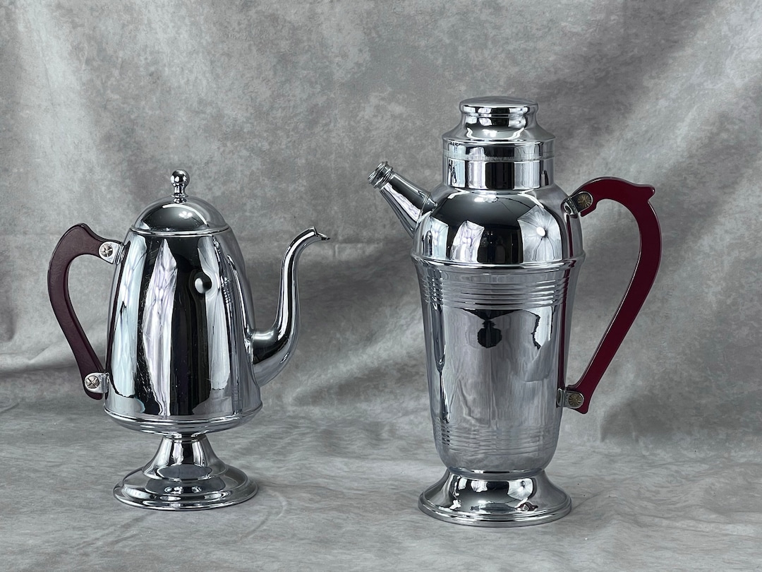 Vintage Chrome Art Deco Retro Coffee Pot and Cocktail Shaker With Red ...