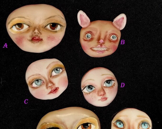 Mix Lot Primitive Folk Art Doll Face Cabochon, OOAK Handmade Polymer ...