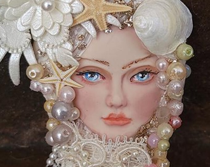 New! Mermaid Goddess, Mix Media Clay Art Doll Face Cabochon, Focal Bead ...