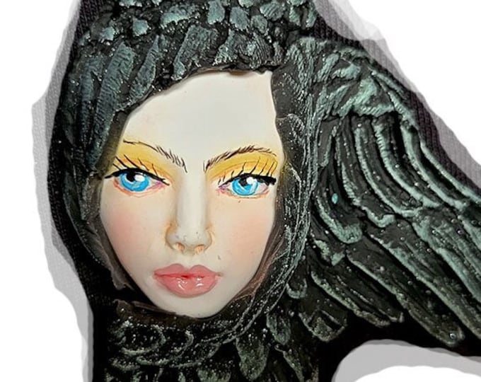 Angel of Forgiveness, Black Crow/ Raven Goddess Art Doll Face Cabochon ...