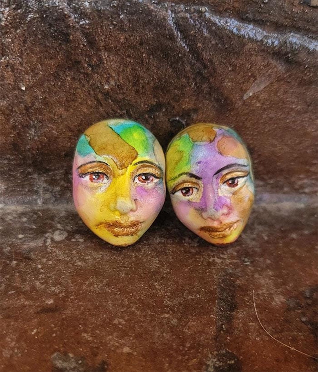 2 Abstract Colorful Small Spirit Art Doll Faces Cabochons, Mix Media ...