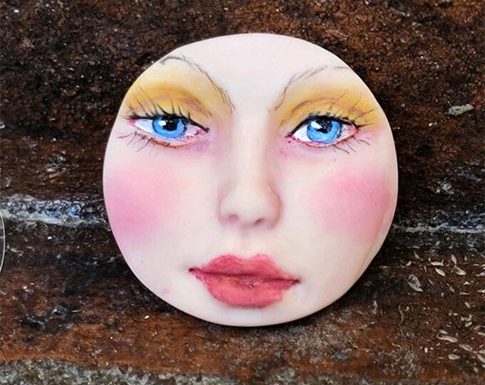 Med Round Lady Doll Face, Open Eyes Woman Polymer Clay Art Doll Face ...