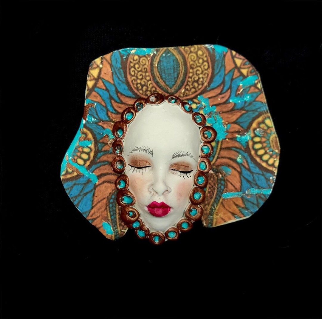 Unearth African Goddess Tribal Mask, Distressed Polymer Clay Ethic Art Doll Face Cabochon ...