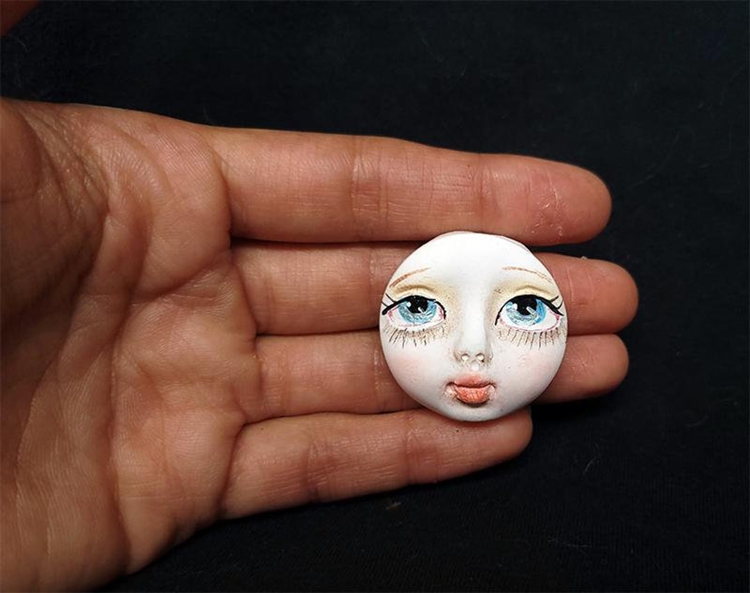 Small Big Eyes White Round Child Face, Folk Art Polymer Clay Face ...