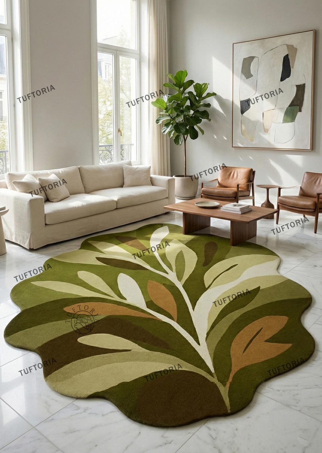 Abstract Green Botanical Rug | Leaf Shaped Hand Tufted Wool Rug ...