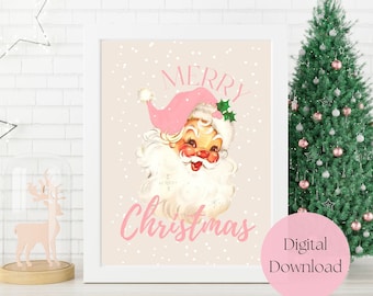 Pink Christmas Printable Wall Art, Pink Santa, Girly Christmas, Pastel ...