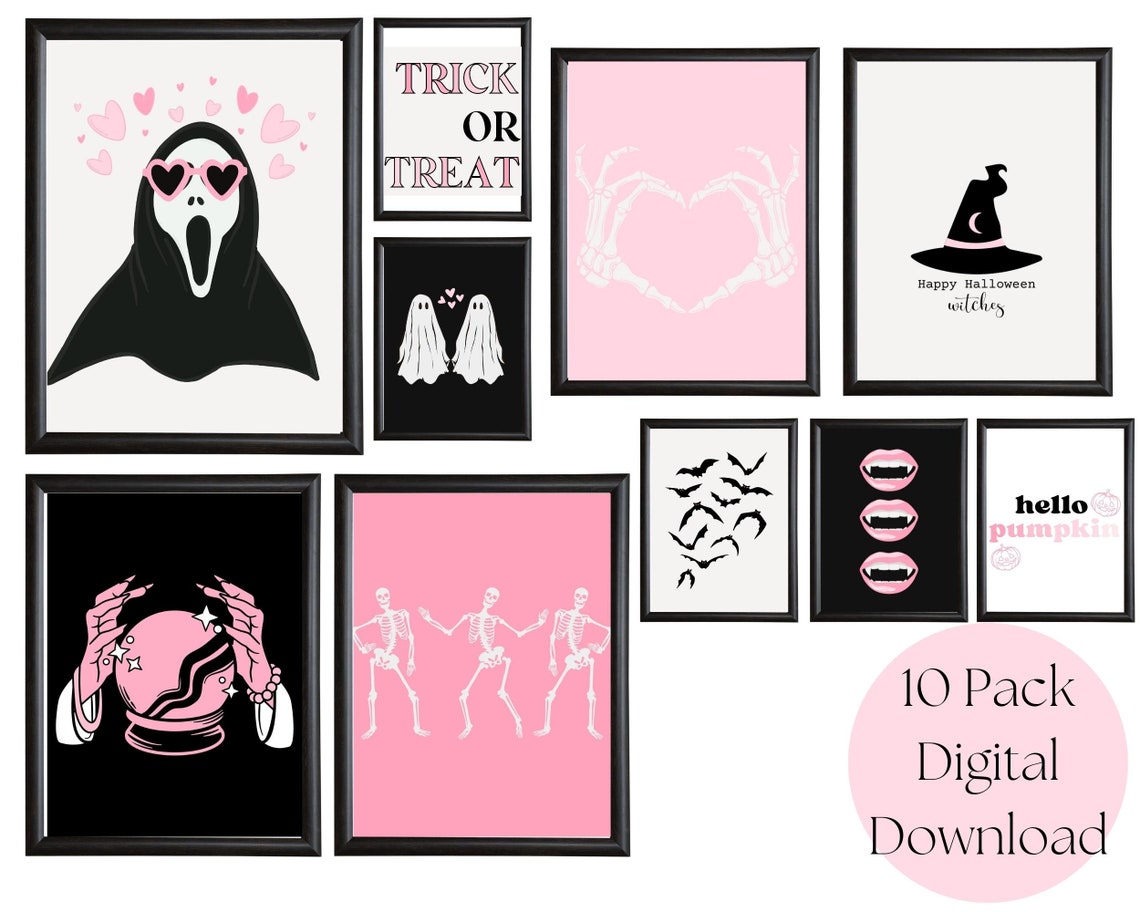 Pink Halloween Wall Art Set of 10 Printables Girly Halloween - Etsy