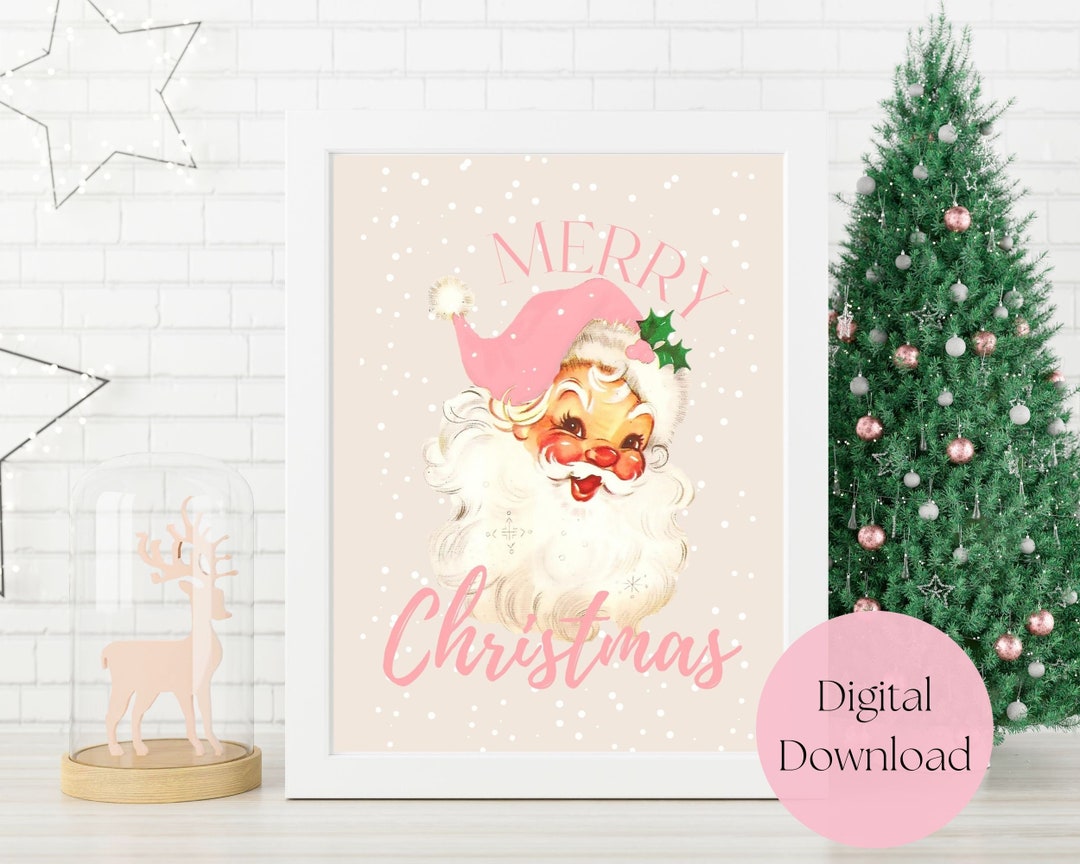 Pink Christmas Printable Wall Art, Pastel Christmas Decor, Vintage ...