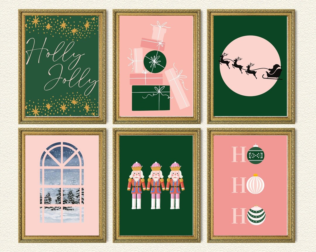 Christmas Printable Wall Art, Set of 6 Printable Wall Art, Green and ...
