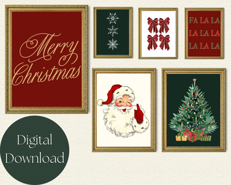 Christmas Printable Wall Art, Set of 6 Printable Wall Art, Red and ...