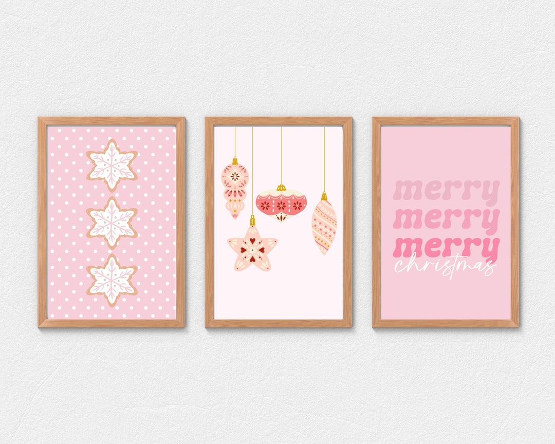 Pink Christmas Printable Wall Art, 3 Piece Wall Art Set, Pastel ...