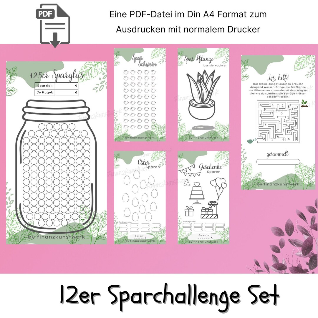 12 Savings Challenge Set Incl. Tracker Green Leaves Design | Envelope ...