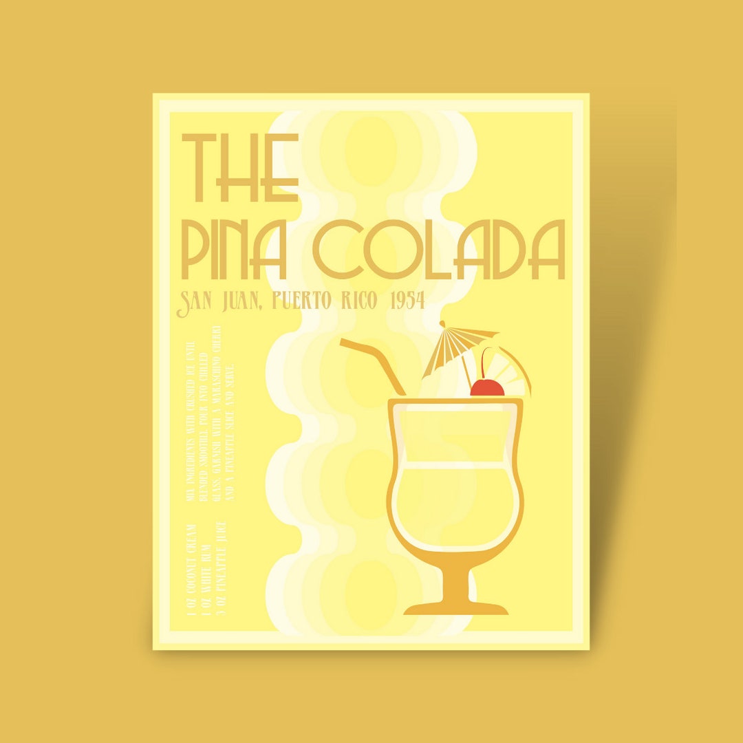 Classic Cocktail the Piña Colada Poster in Yellow - Digital File - Etsy