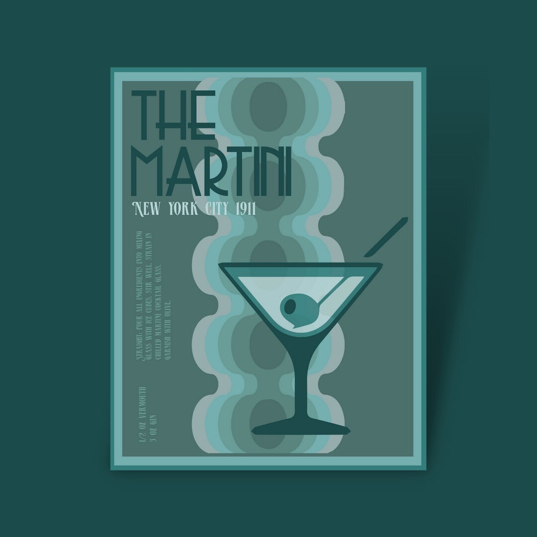 Classic Cocktail the Martini Poster in Teal - Digital Files - Etsy