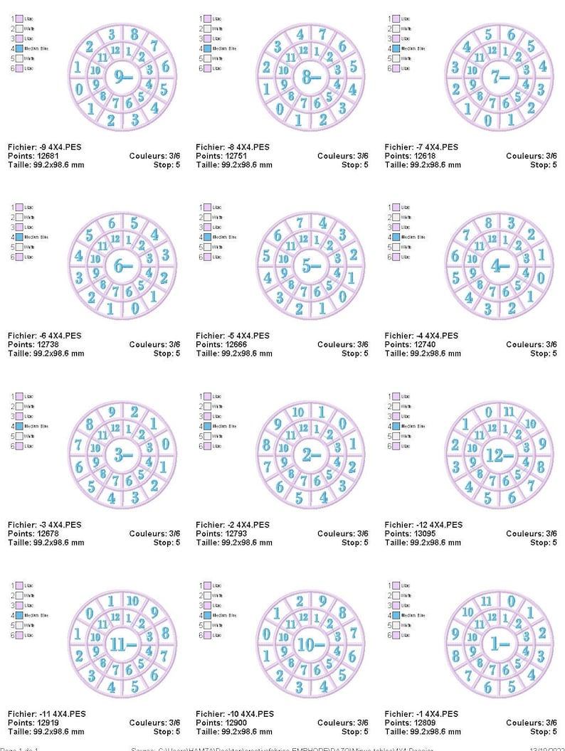 Maths Minus Wheels Embroidery Design 1-12 Circle Charts Montessori ...