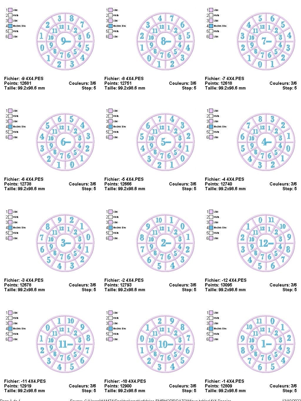 Maths Minus Wheels Embroidery Design 1-12 Circle Charts Montessori ...