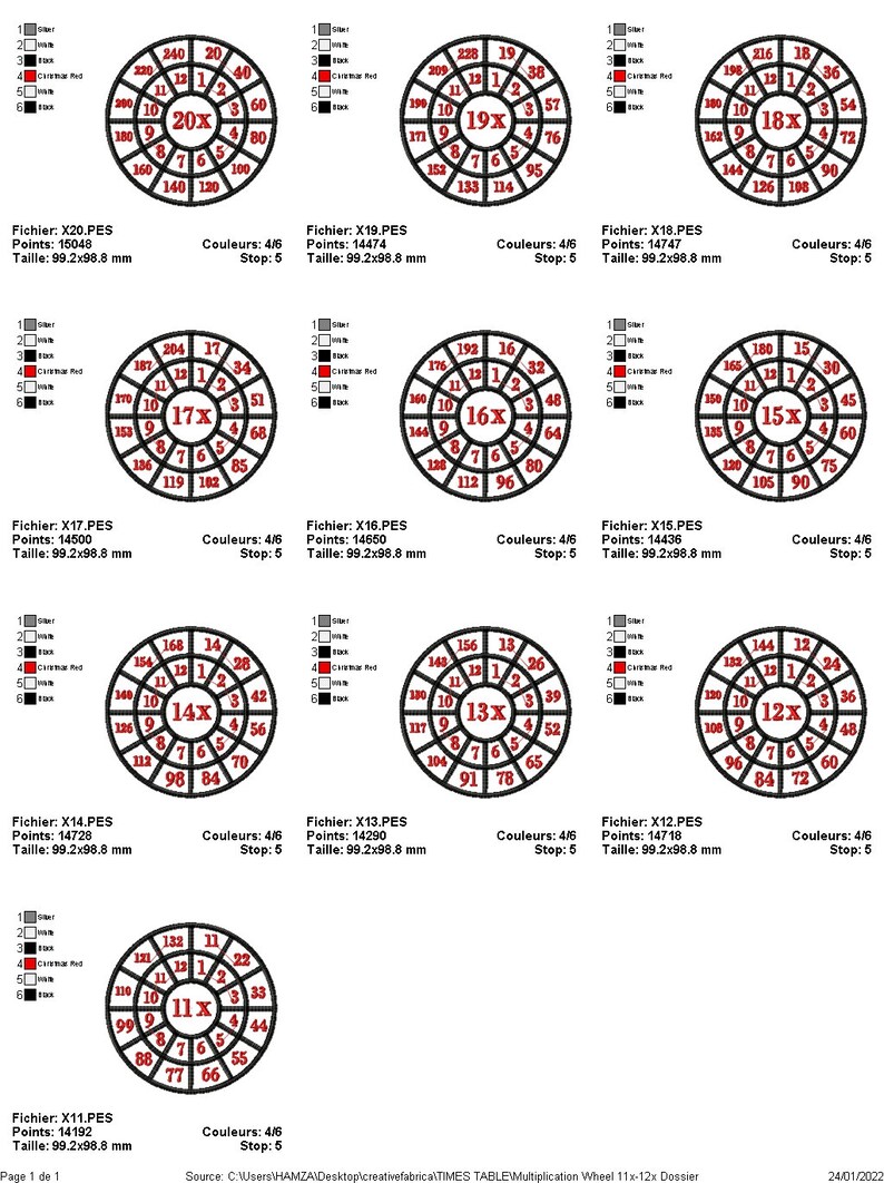 Maths Multiplication Wheel Embroidery Design 1- 20 Circle Times Tables ...
