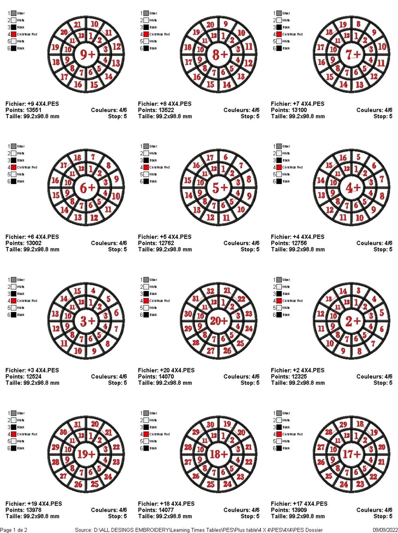 Maths Addition Plus Wheels Embroidery Design 1-20 Circle Charts ...