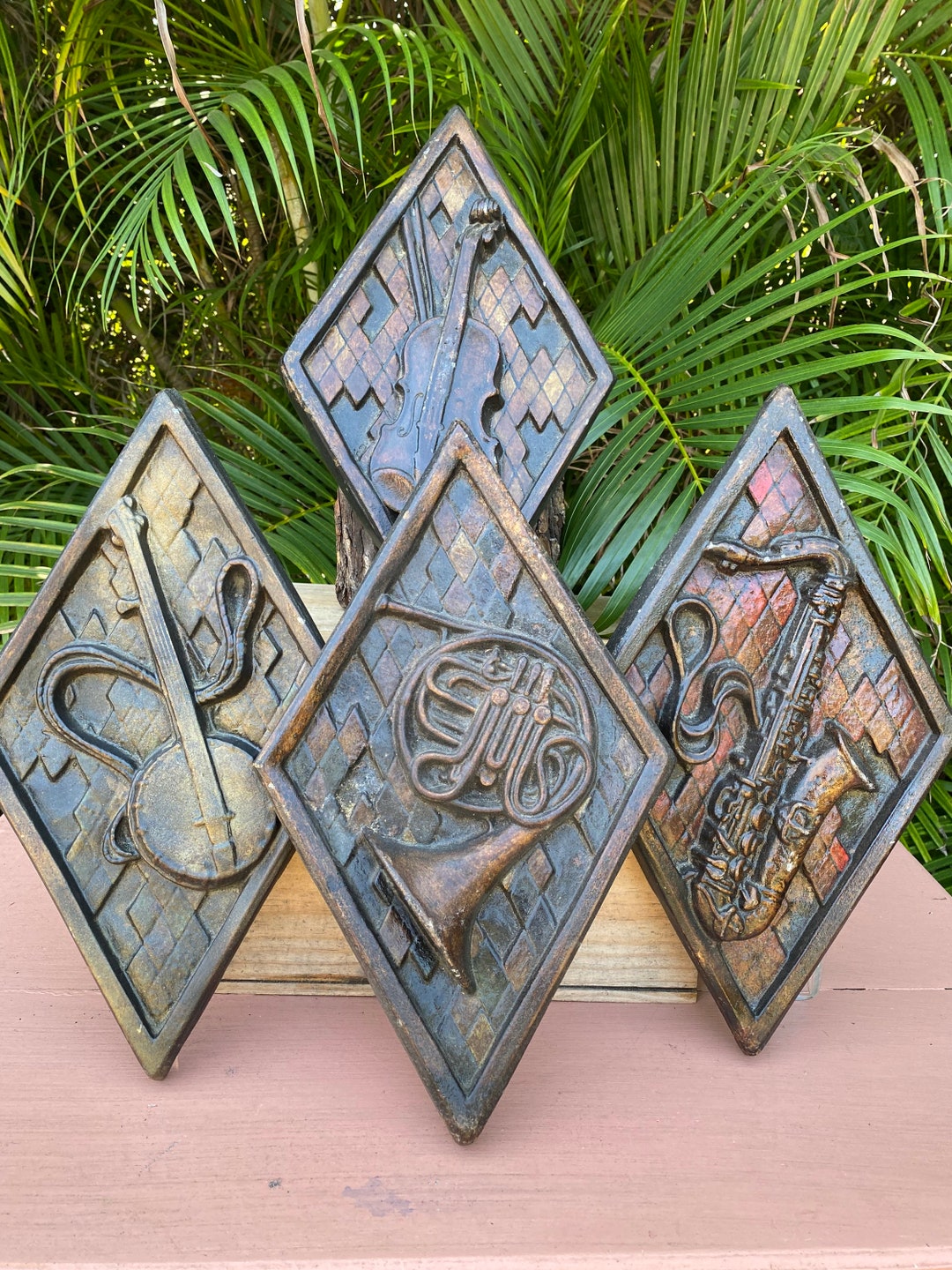 Vintage Cast Iron Instruments Wall Plaques Set 4 Metal Art MCM Banjo ...