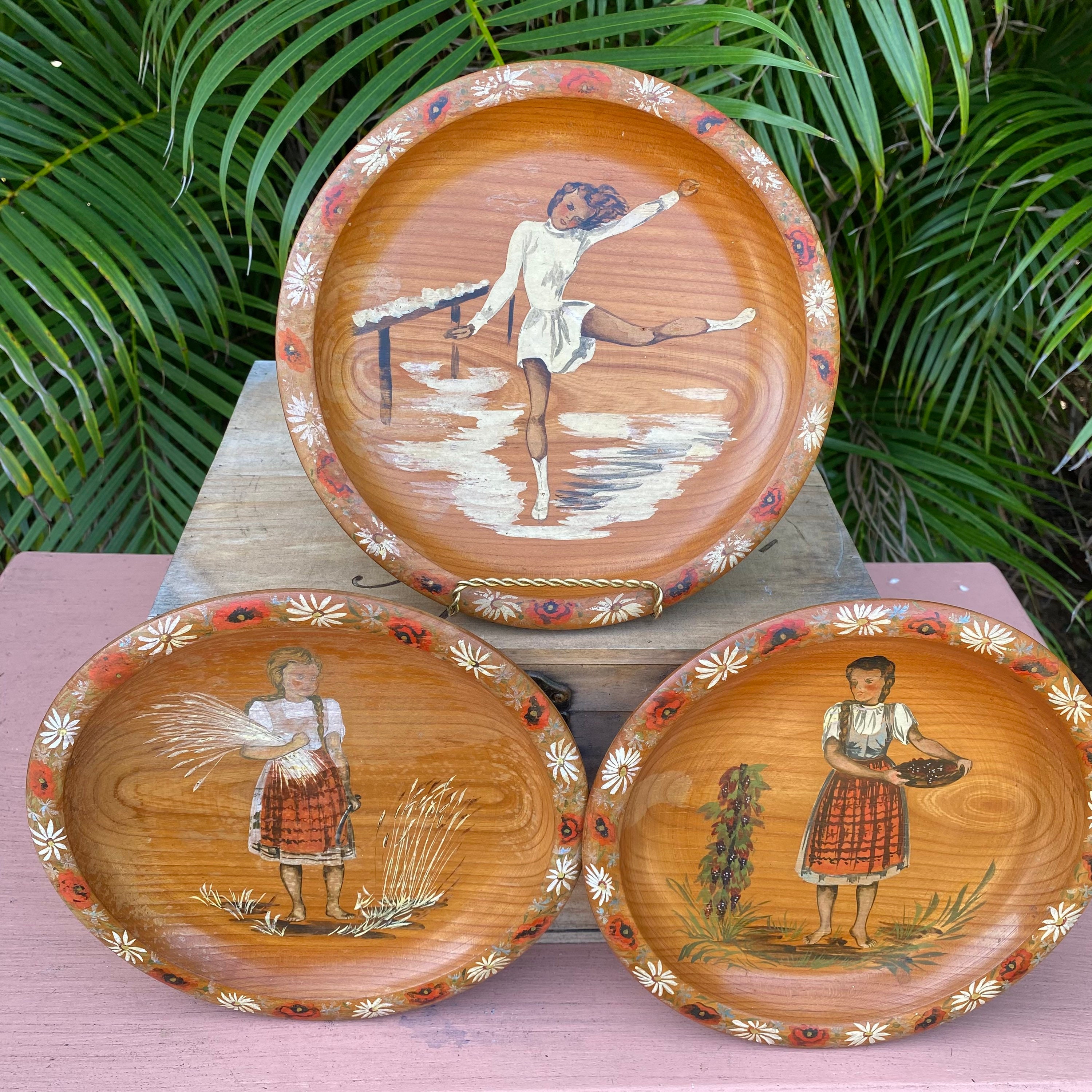 Vintage Hand Painted Wood Plates With Young Girls Made by Anne - Etsy
