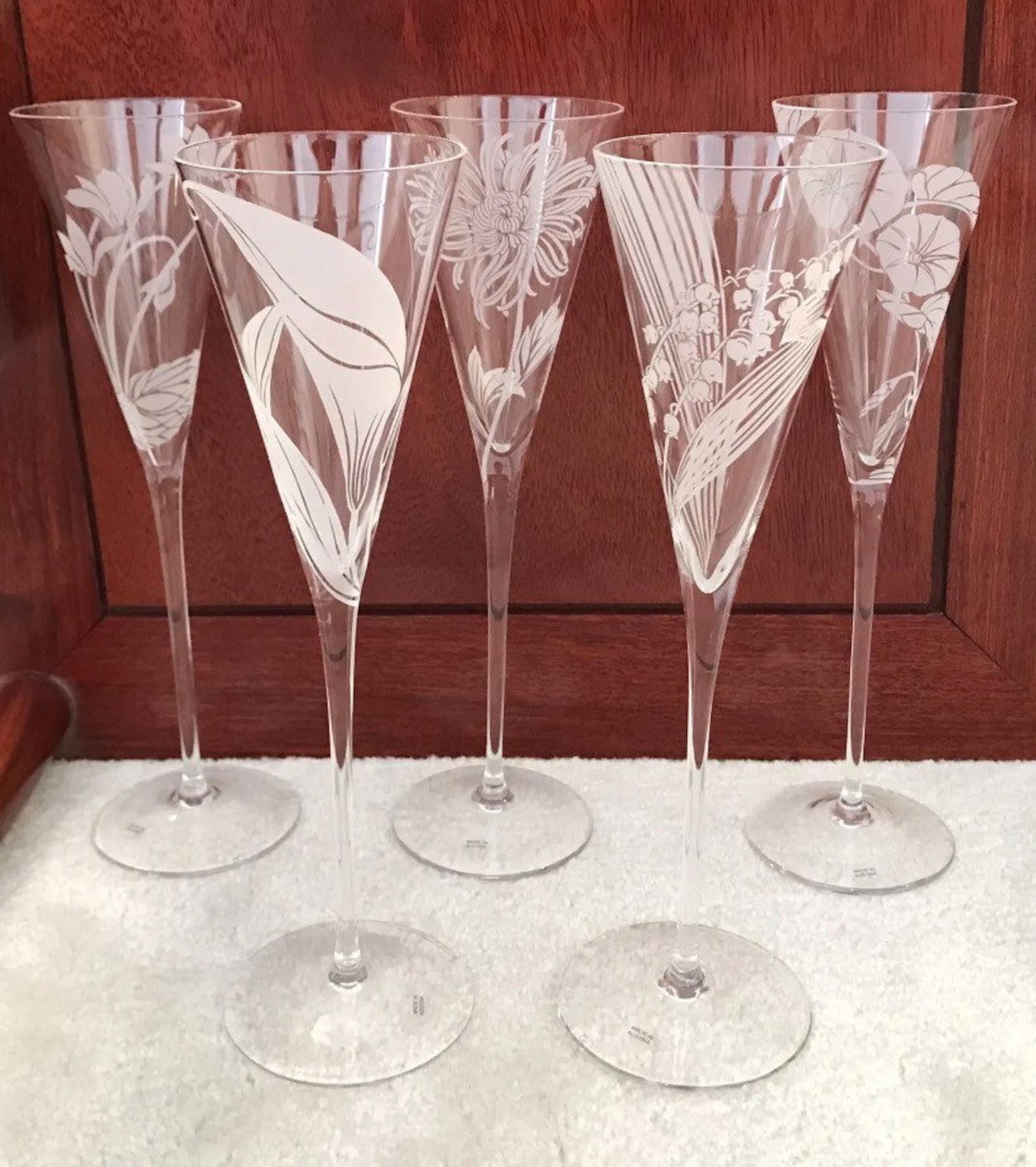 12 LES FLEURS Crystal Champagne Glasses the Franklin Mint Full Set ...