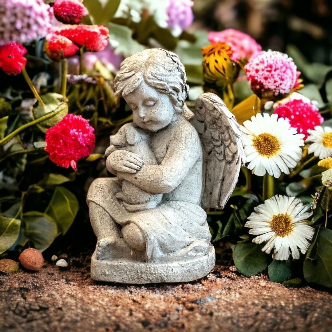 Concrete Angel With Puppy Statue Realistic Angel With Dog Figurine ...