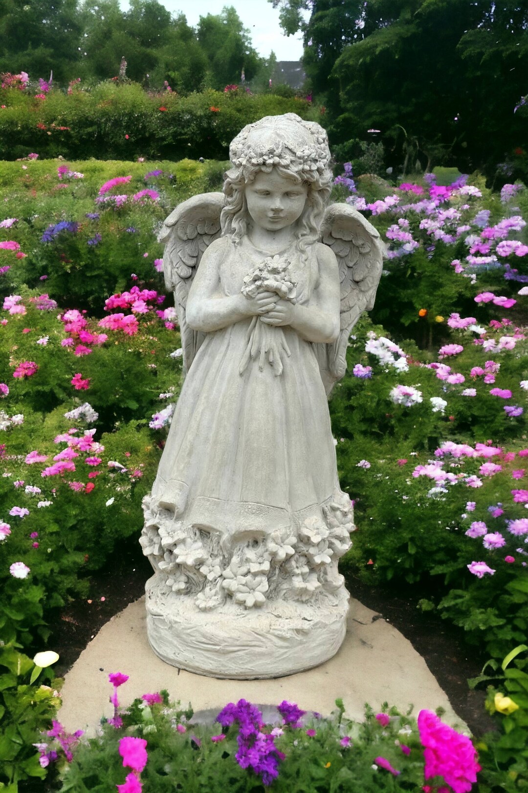 Standing Angel Holding Flowers Statue Massive Angel on Basement ...