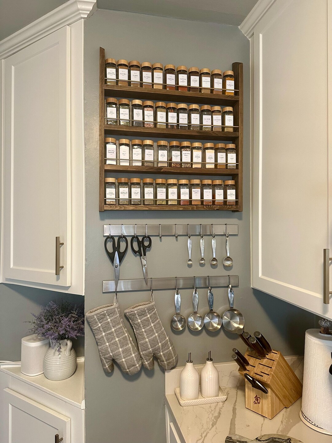 Stylish 20"-28" Wide - 4 Shelf Solid Wood Spice Rack | Brass or ...