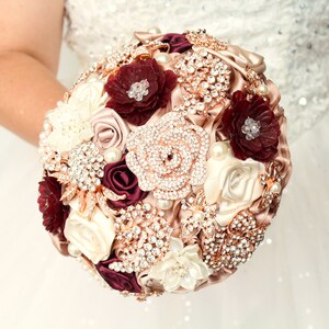 Burgundy Wedding Bouquet. Burgundy Blush Pink Bouquet. Rose Gold Brooch ...