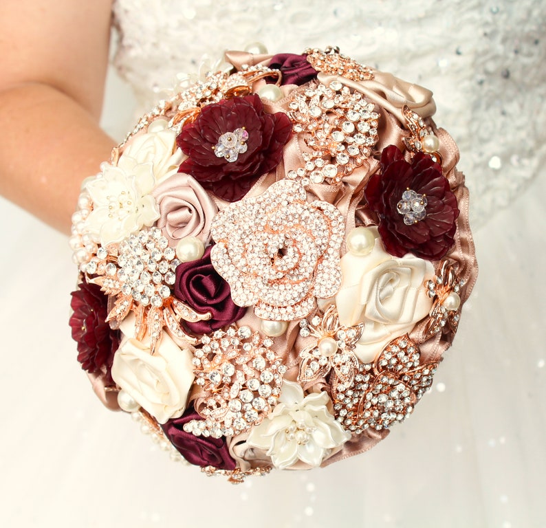 Burgundy Rose Gold Brooch Bouquet: Blush Pink Silk Wedding Flowers - Etsy